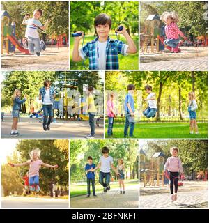 Collage of happy children playing outdoors at the day time. Concept of ...