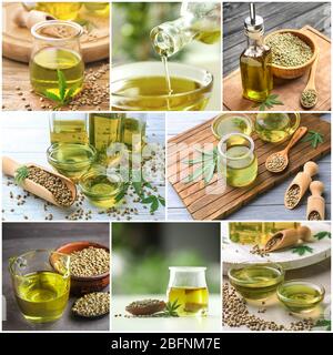 Collage with hemp oil and seeds Stock Photo - Alamy