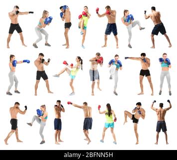 Collage with young female professional boxers in boxing gloves in ...