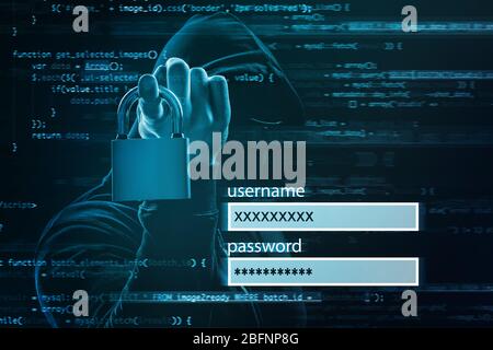 Login form and hacker with lock on dark background. Concept of cyber ...