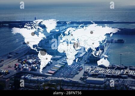 World map with oil extraction areas on sea port background Stock Photo ...