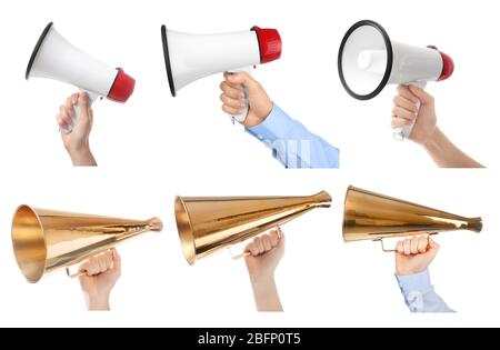 Collage of people with megaphones on white background. Banner design ...