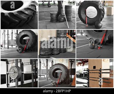 Set with heavy tires and other sports equipment in gym Stock Photo - Alamy