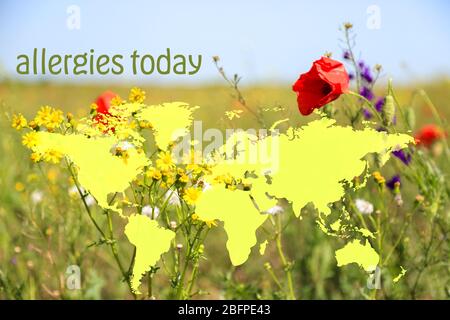 Text ALLERGIES TODAY and world map on landscape background Stock Photo ...