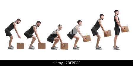 Rehabilitation concept. Collage of man with poor posture lifting heavy ...