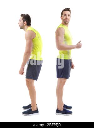 Rehabilitation concept. Collage of man with poor and good posture on ...