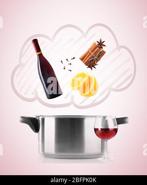 mulled wine and ingredients in iron spoons Stock Photo - Alamy