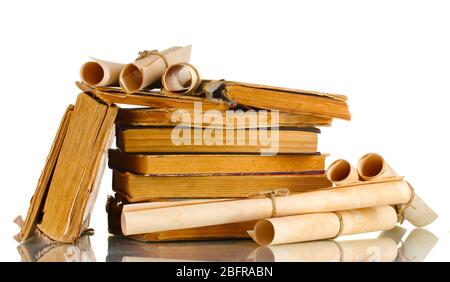 Pile of old books and scroll isolated on white Stock Photo - Alamy