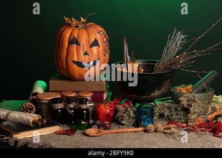Scary halloween laboratory in green light Stock Photo - Alamy