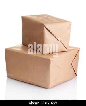 parcels boxes with kraft paper, isolated on white Stock Photo - Alamy