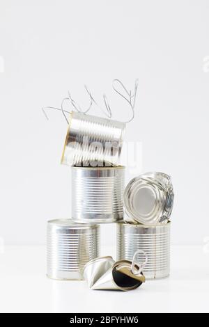 discarded can of canned food on the background of the mountain ...
