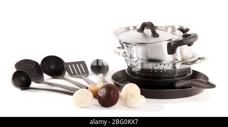composition of kitchen tools and mushrooms isolated on white Stock ...