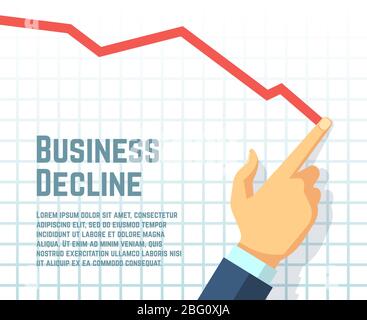 Businessmans hand drawing decrease graph. Profit decline and downward sales business vector ...