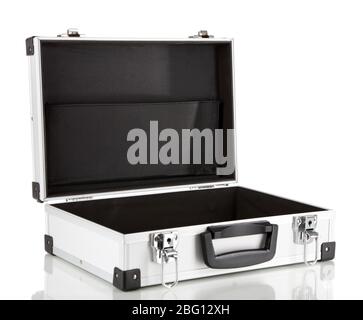 Open silver case isolated on white Stock Photo - Alamy