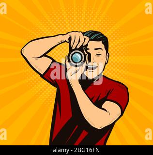 man professional photographer taking photo with camera guy standing and ...