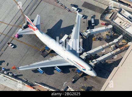 Aerial view of British Airways Boeing 747-400 Jumbo Jets at Cardiff ...