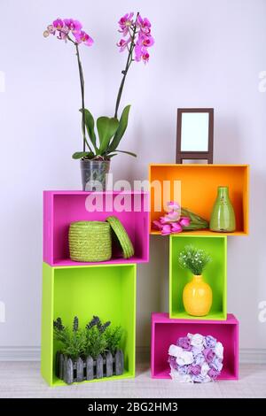 Beautiful colorful shelves with different home related objects Stock ...