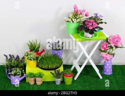 Color crate and table with decorative elements and flowers standing on ...