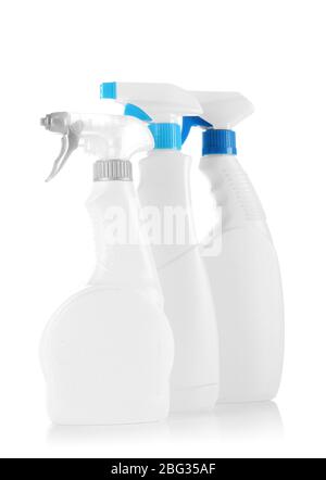 Different kinds of sprays for house cleaning, isolated on white Stock ...