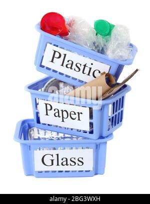 Three baskets of assorted debris isolated on white Stock Photo - Alamy