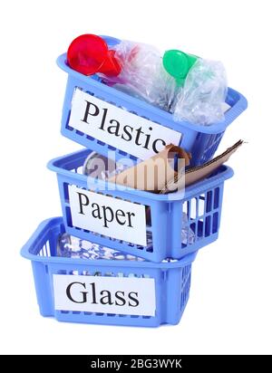 Three baskets of assorted debris isolated on white Stock Photo - Alamy