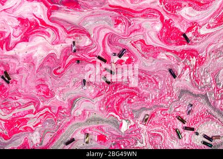 abstract painting with flowing pink and silver acrylic paints decorated ...