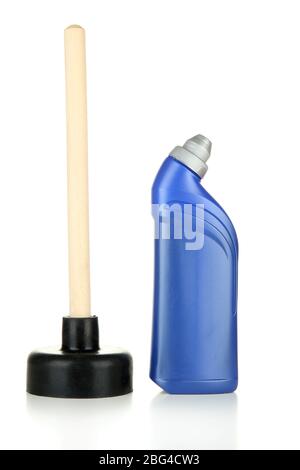Toilet plunger and cleaner bottle, isolated on white Stock Photo - Alamy