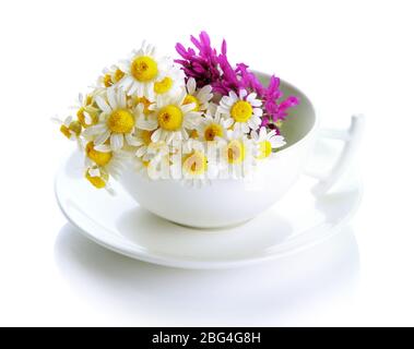 Beautiful wild flowers in cup, isolated on white Stock Photo - Alamy