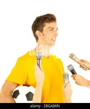 Interview with a young soccer player, isolated on white Stock Photo - Alamy