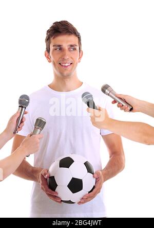 Interview with a young soccer player, isolated on white Stock Photo - Alamy