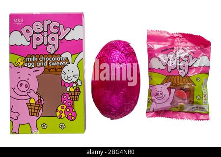 M&S Percy Pig milk chocolate egg and sweets removed from box isolated on white background ...