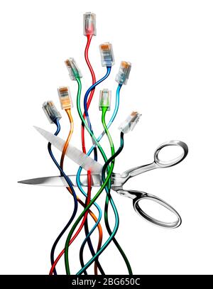 Wireless. Wifi, scissors cutting ethernet cable. White background Stock ...