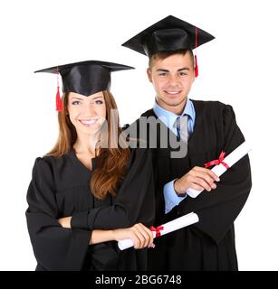 Two happy graduating students isolated on white Stock Photo - Alamy