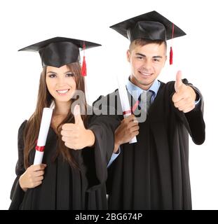 Two happy graduating students isolated on white Stock Photo - Alamy