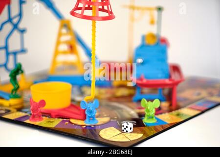 Close up of assembled Hasbro Mouse trap board game with mice dice diver ...