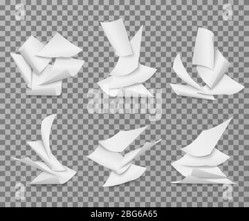 Flying office white paper pages on transparent background. Vector paper ...