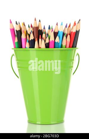 Color bucket with multicolor pencils, isolated on white Stock Photo - Alamy
