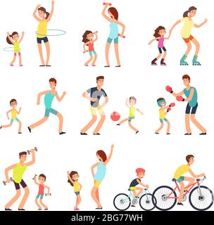 Kids doing sports exercises set vector illustration. Cartoon happy boy ...