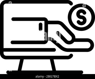 Coin on the palm of the screen icon. Outline coin on the palm of the ...