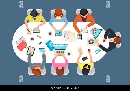 Managed team in office meeting at table top view vector illustration ...