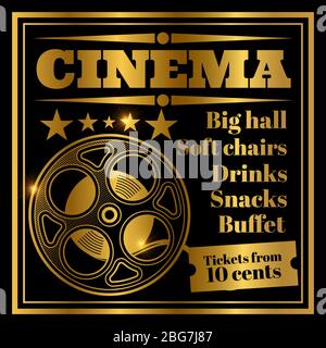 Cinema shine label design. Ads, filming golden banner template. Vector ...