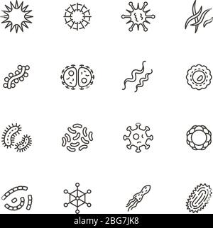Microbes linear icons set. Bacteria, Viruses, Fungi, Pathogens ...