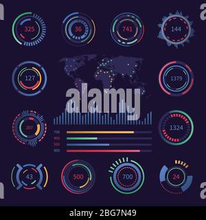 Circular digital hud visualisation data elements. Sci fi interfaces with infographics charts ...