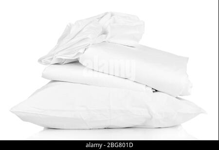 Stack of rumpled bedding sheets isolated on white Stock Photo - Alamy