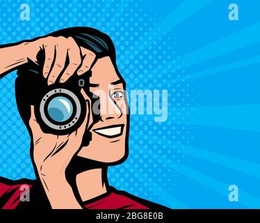 Photographer with camera. Reporter retro comic pop art vector ...