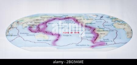 World map showing the Pacific ring of fire and boundaries of tectonic ...