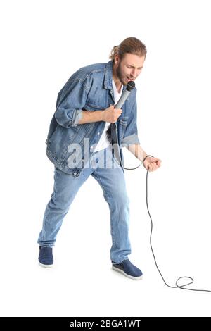 Young male singer on white background Stock Photo - Alamy