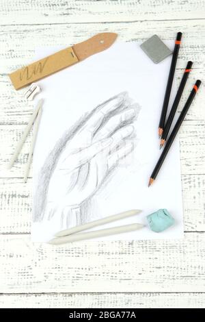 Professional art materials and sketch, close up Stock Photo - Alamy