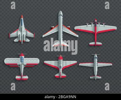 Aircraft top view icon set. Set of black silhouette airplanes, jets ...