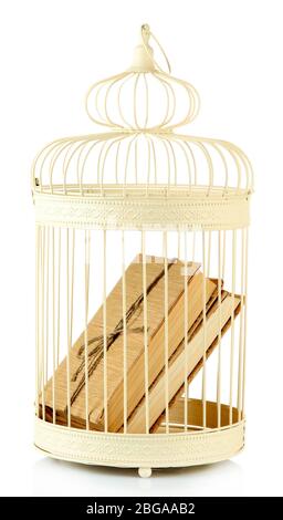 Books in decorative cage, isolated on white Stock Photo - Alamy